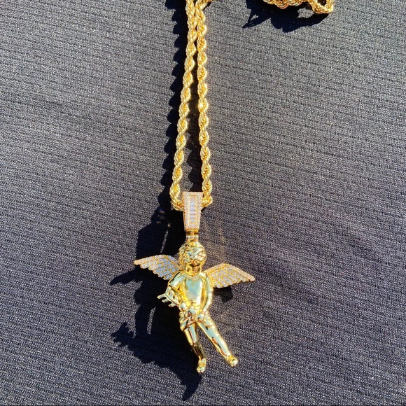 Accessories | Gold Chain Rope Chain 4mm And Icy Angel Pendant Set ...